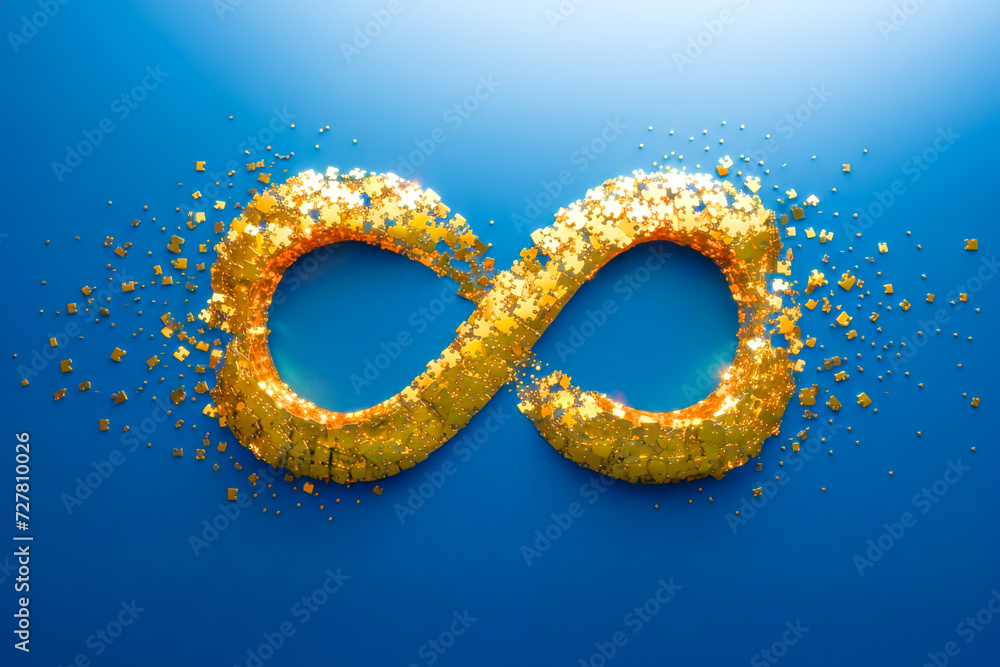 Yellow infinity symbol sign consists of golden confetti against glowing ...