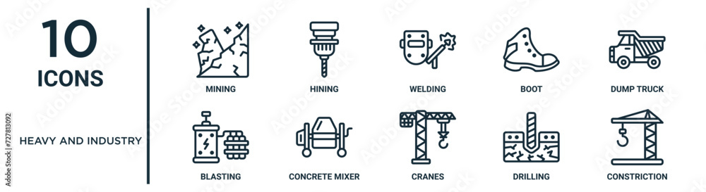 heavy and industry outline icon set such as thin line mining, welding ...