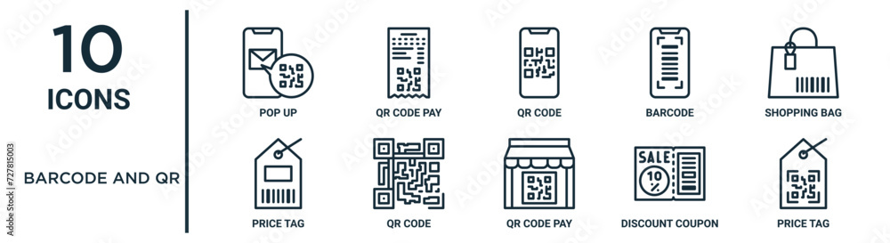 Vetor de barcode and qr outline icon set such as thin line pop up, qr ...