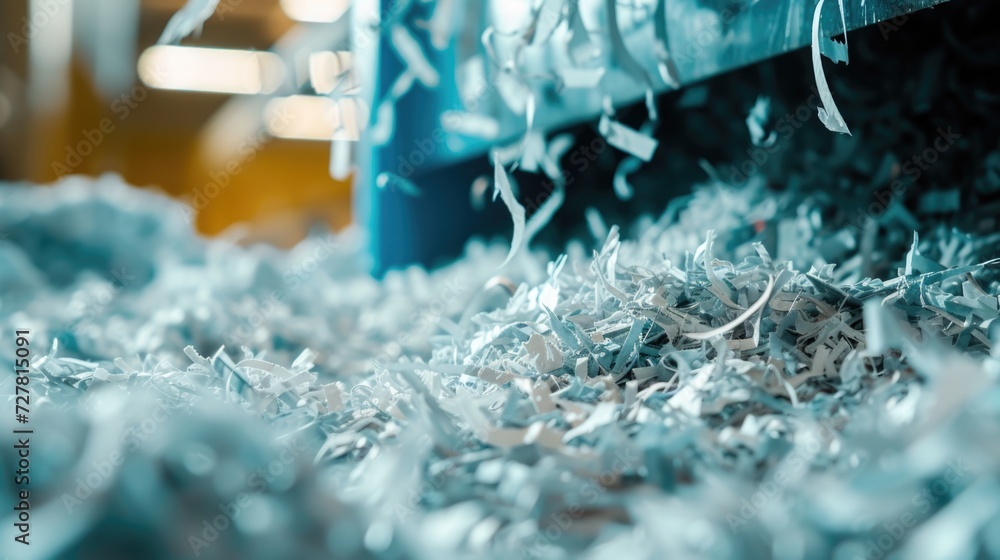 Shredded paper piled up on a moving conveyor belt. Can be used to represent recycling, waste ...