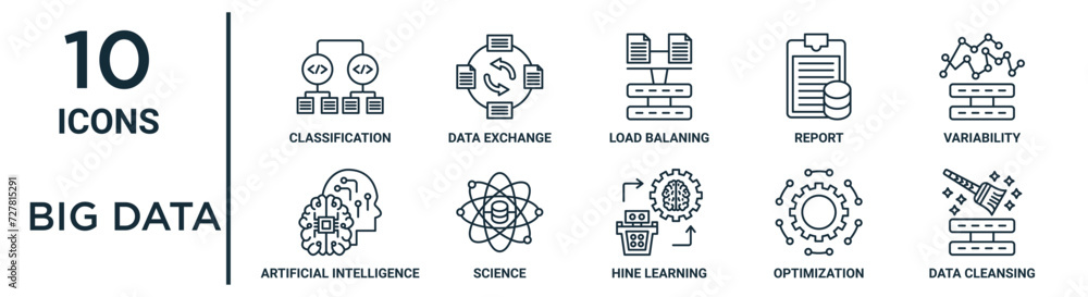 big data outline icon set such as thin line classification, load ...