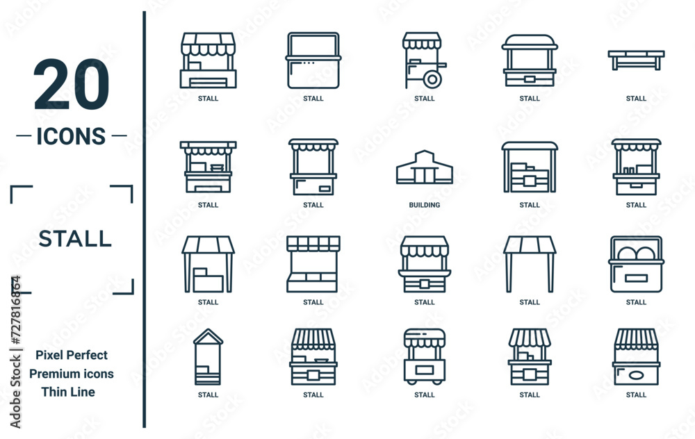 stall linear icon set. includes thin line stall, stall, building, icons ...