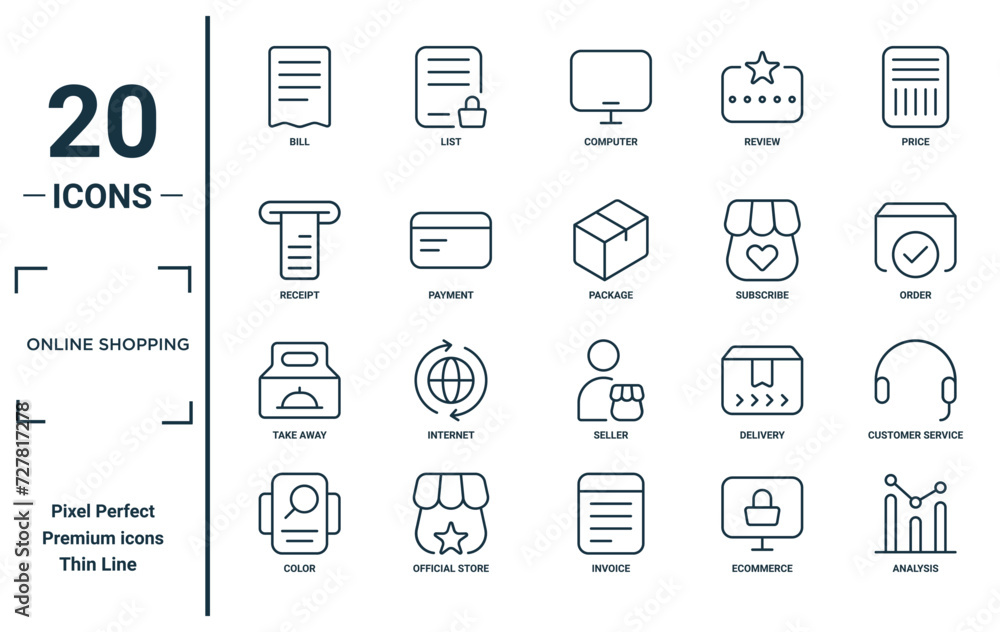 online shopping linear icon set. includes thin line bill, receipt, take ...