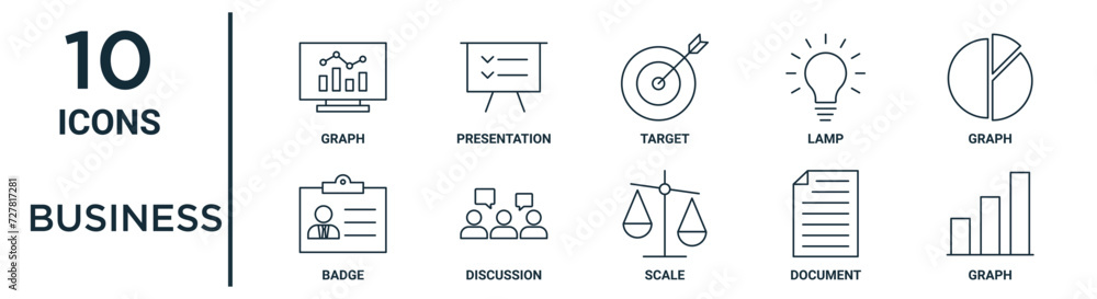 business outline icon set such as thin line graph, target, graph ...