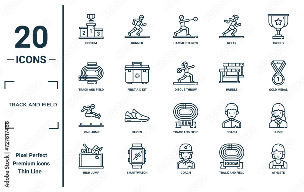 Vettoriale Stock track and field linear icon set. includes thin line ...