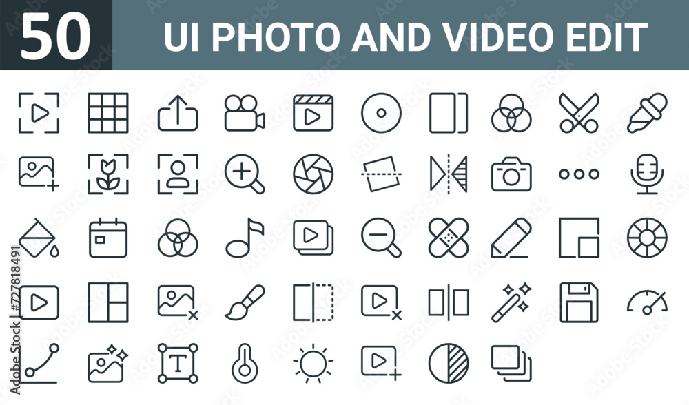 set of 50 outline web ui photo and video edit icons such as video, grid, upload file, video ...