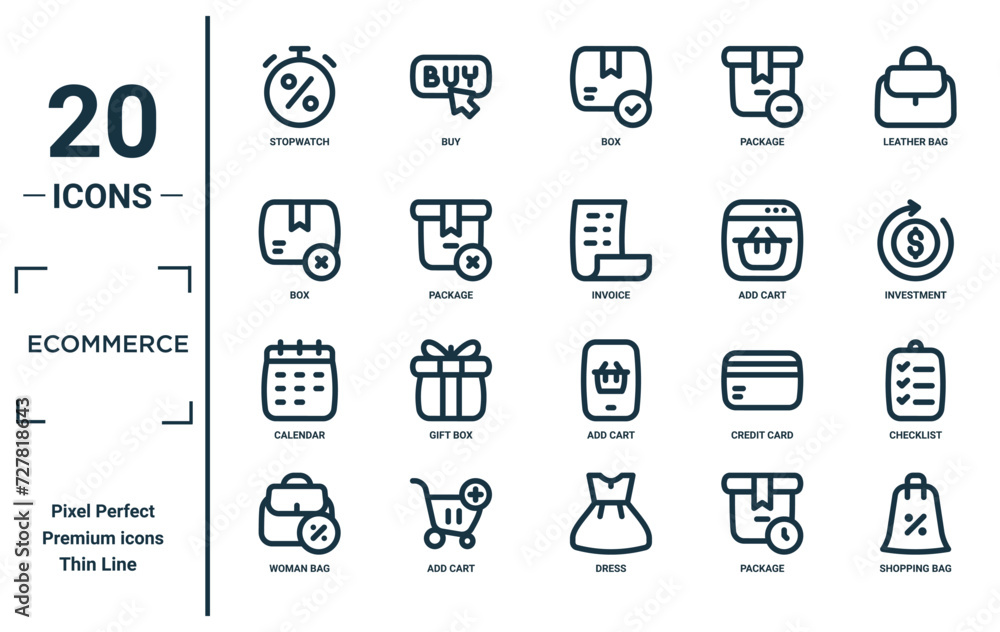 ecommerce linear icon set. includes thin line stopwatch, box, calendar ... ecommerce linear icon set. includes thin line stopwatch, box, calendar ...