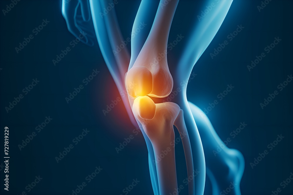 Blue transparent human knee joint with highlighted ligaments and ...