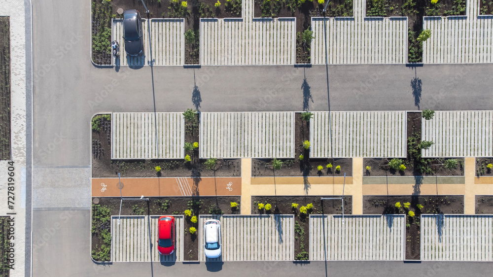 Car parking with lawns and sidewalks, top view, green urban environment ...
