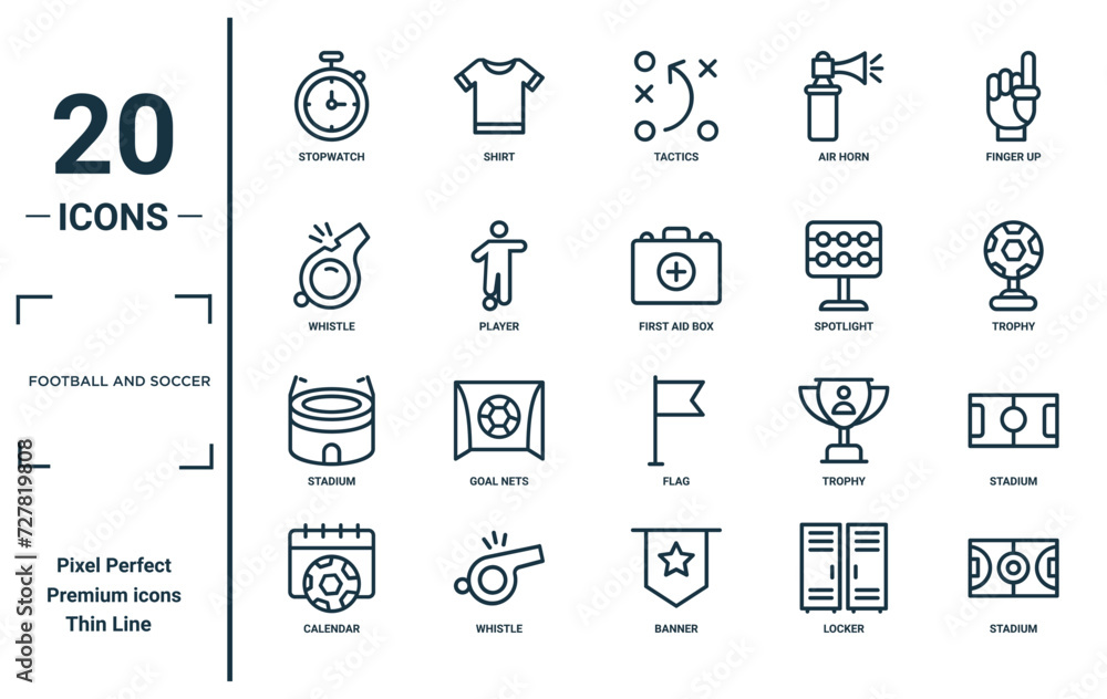 football and soccer linear icon set. includes thin line stopwatch ...