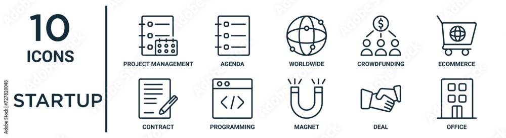 startup outline icon set such as thin line project management, worldwide, ecommerce, programming ...