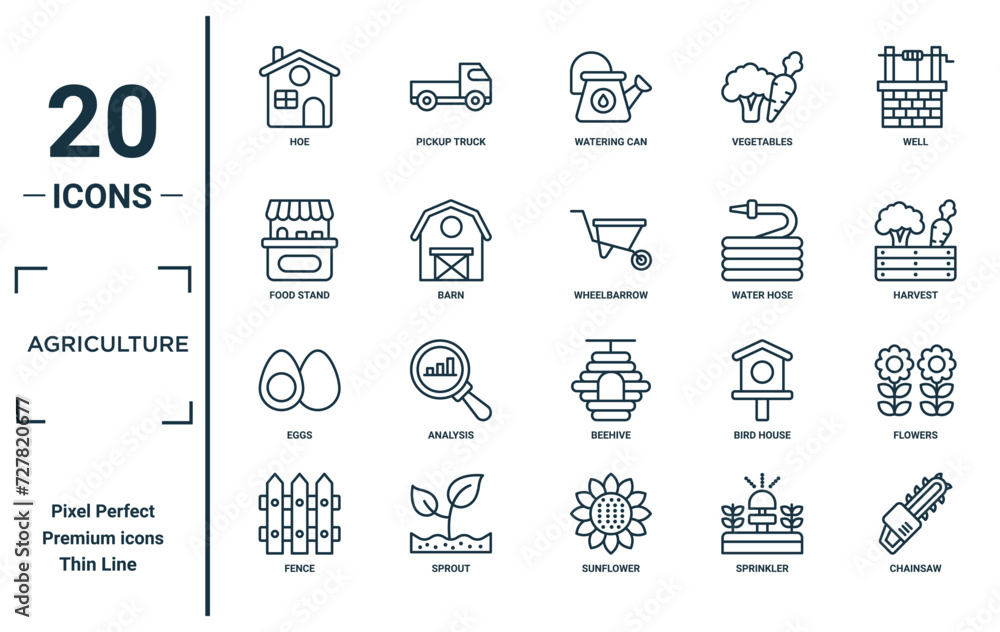agriculture linear icon set. includes thin line hoe, food stand, eggs ...