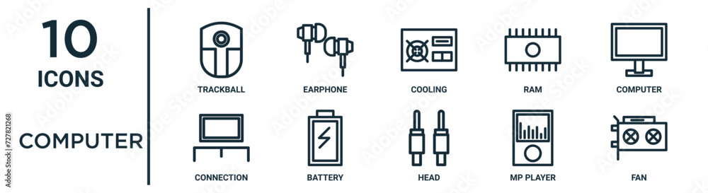 computer outline icon set such as thin line trackball, cooling, computer, battery, mp player ...