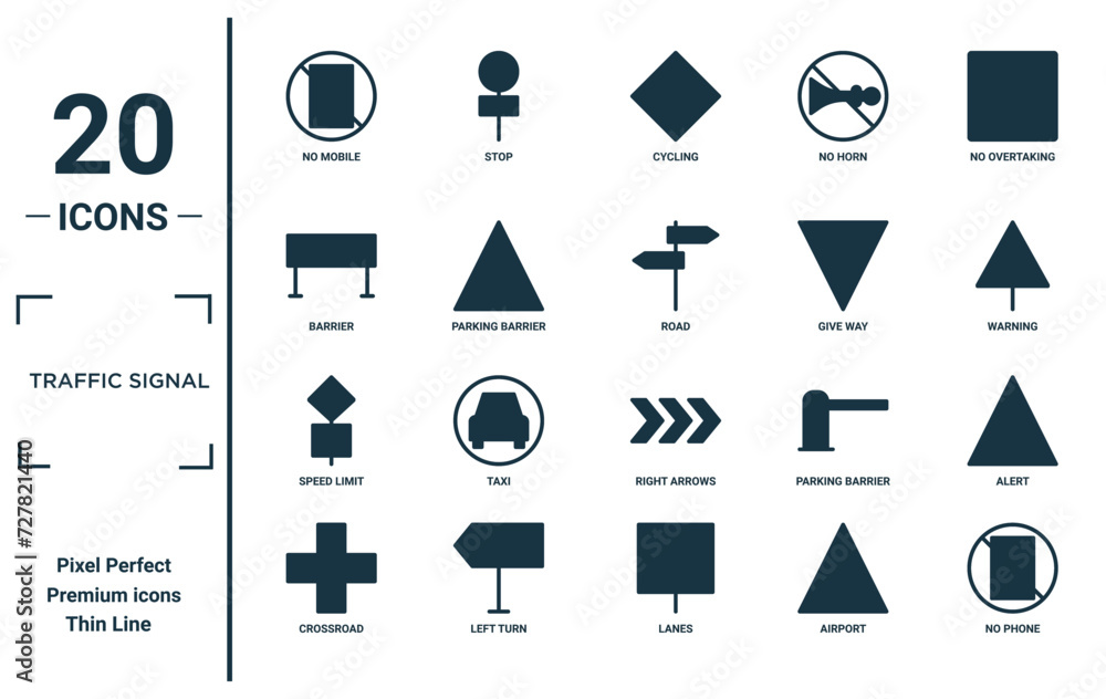 traffic signal linear icon set. includes thin line no mobile, barrier ...