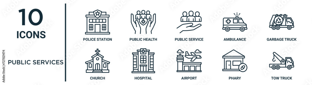 Vetor de public services outline icon set such as thin line police ...