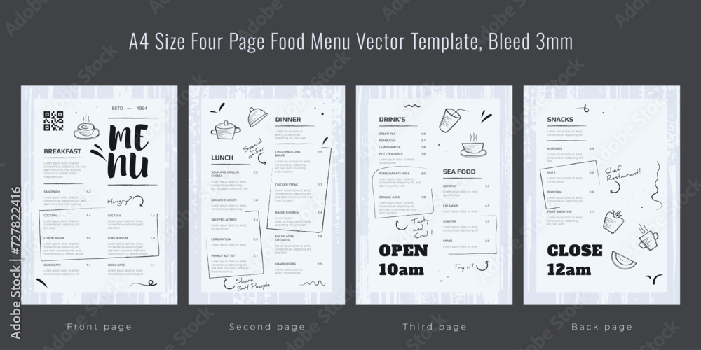 Restaurant cafe menu, template design, A4 size four page food menu ...