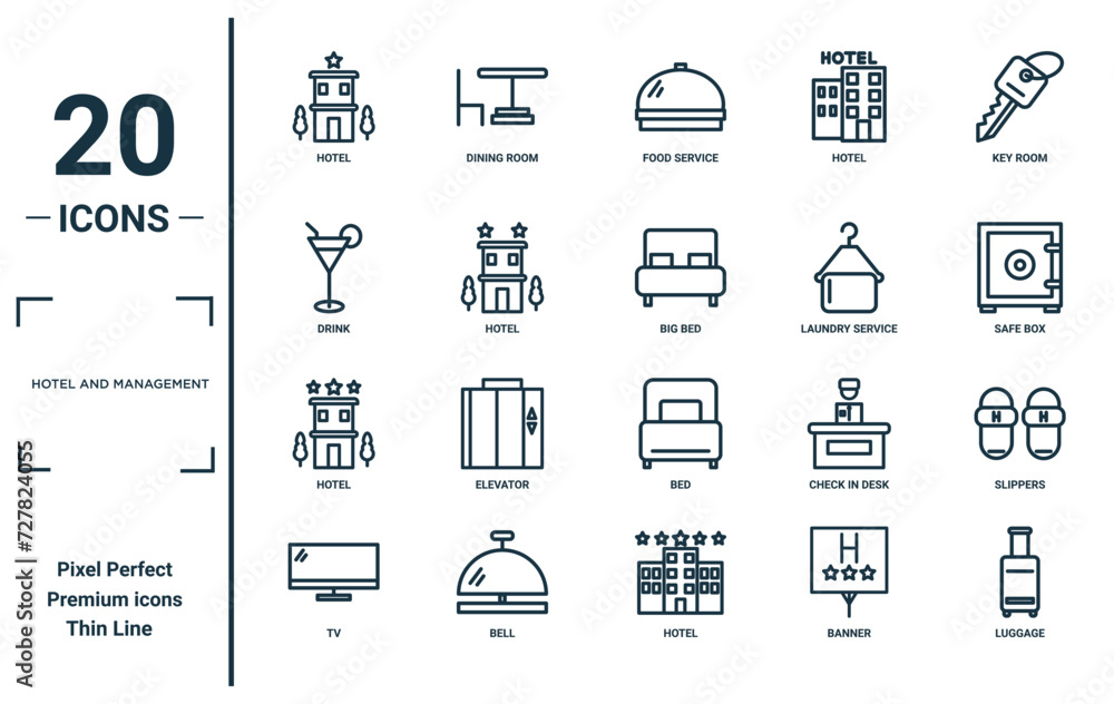 hotel and management linear icon set. includes thin line hotel, drink ...