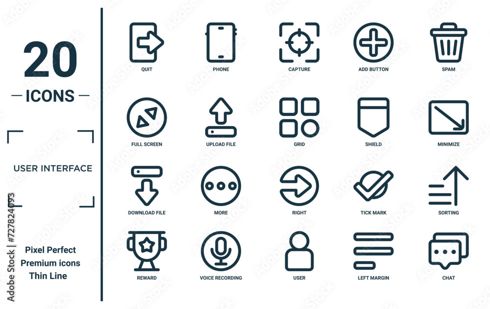 Vetor de user interface linear icon set. includes thin line quit, full ...