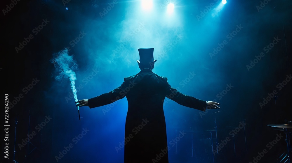 Back view of a man performing magic tricks on a dark stage in a circus ...