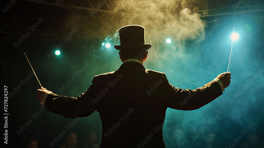 Back view of a man performing magic tricks on a dark stage in a circus ...