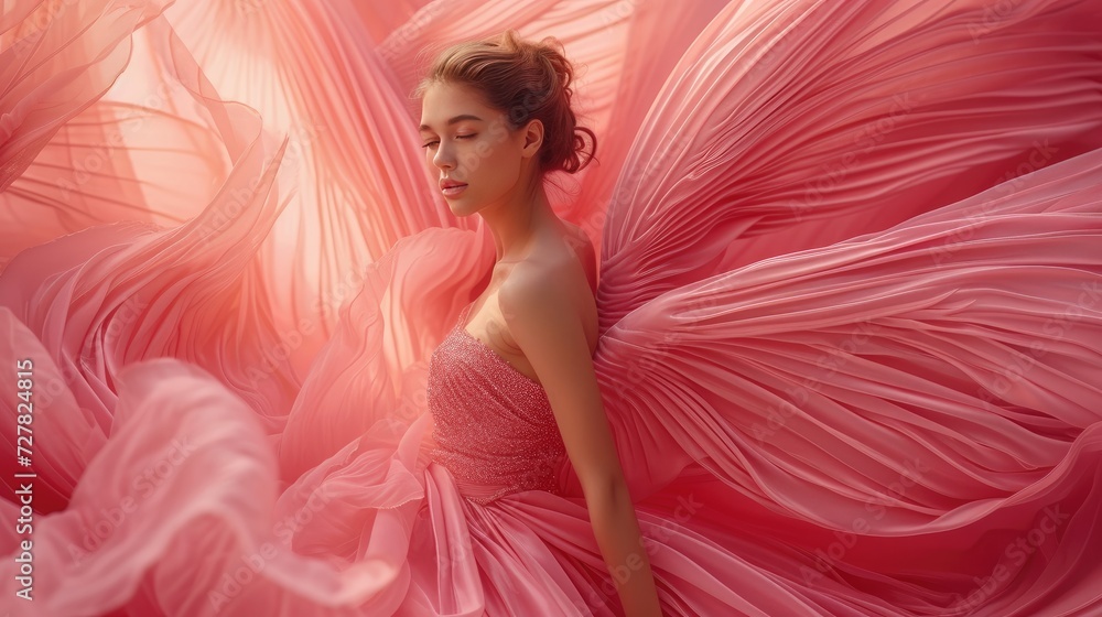 Ethereal Woman in Flowing Pink Dress, woman in a vivid pink dress poses ...