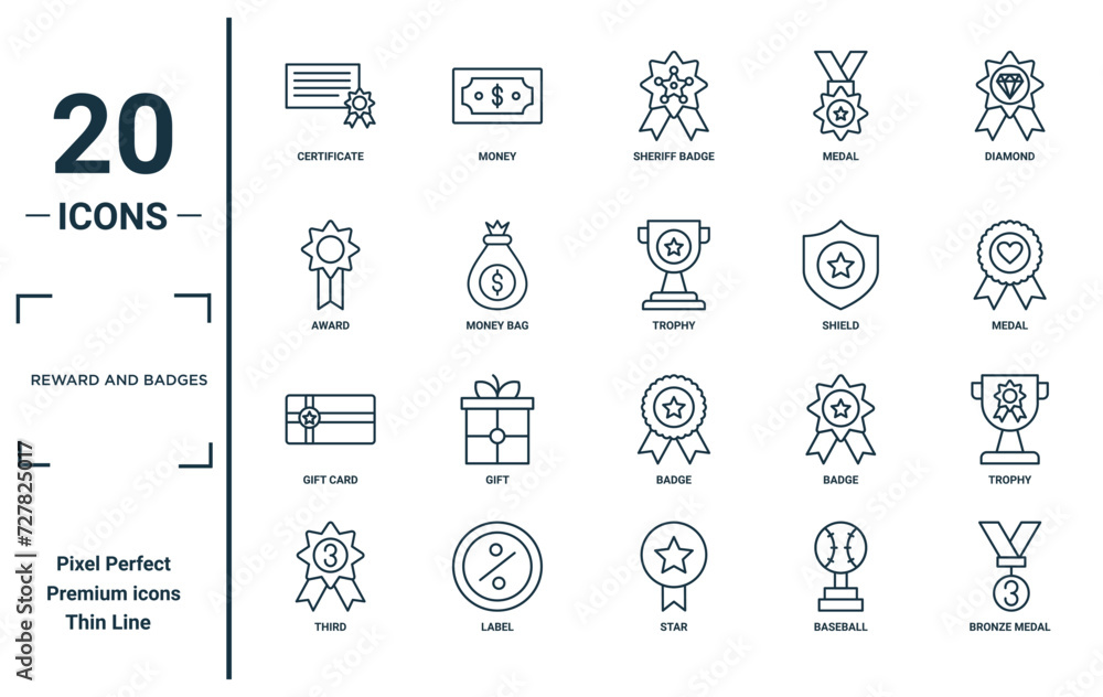 reward and badges linear icon set. includes thin line certificate ...