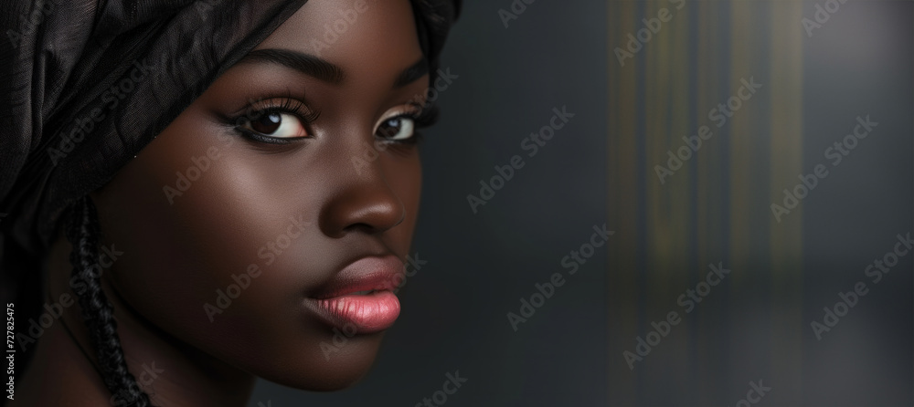 portrait, black woman's face on a black background, close-up, fashion ...