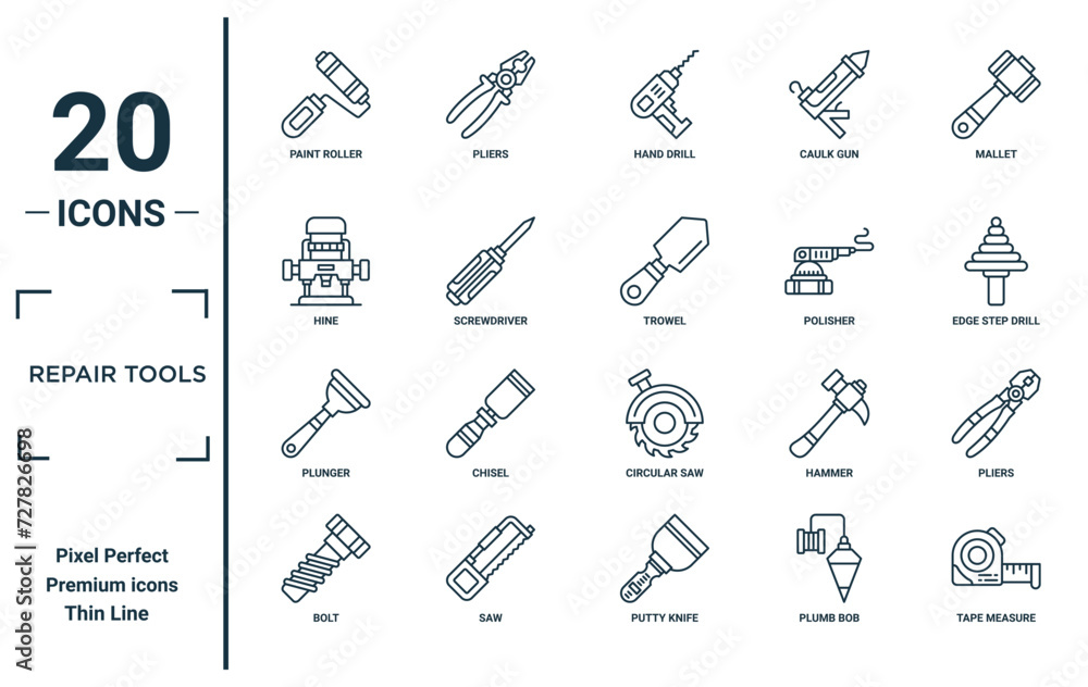 repair tools linear icon set. includes thin line paint roller, hine ...