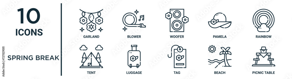 spring break outline icon set such as thin line garland, woofer ...