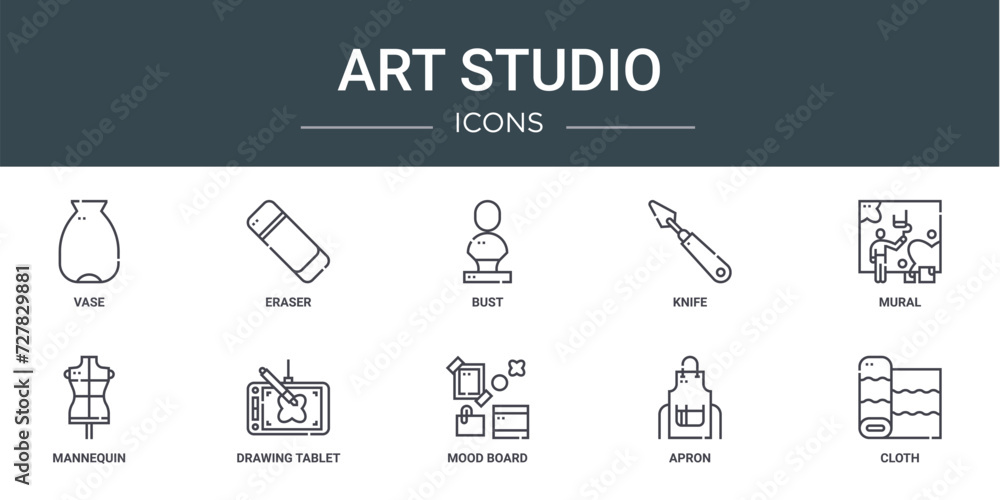 set of 10 outline web art studio icons such as vase, eraser, bust, knife, mural, mannequin ...