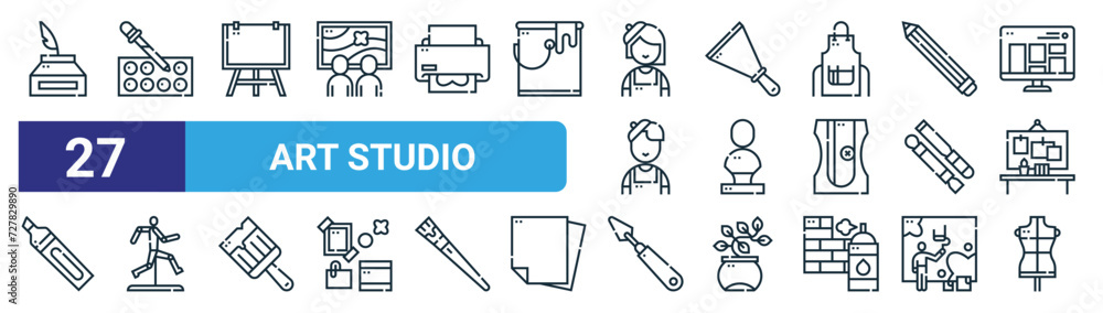 set of 27 outline web art studio icons such as ink, pipette, easel, paint scraper, bust, anatomy ...