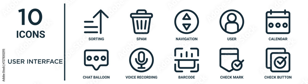 user interface outline icon set such as thin line sorting, navigation, calendar, voice recording ...