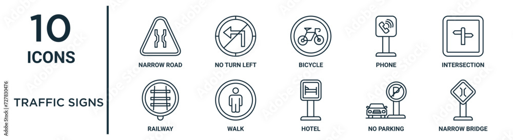 traffic signs outline icon set such as thin line narrow road, bicycle ...
