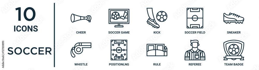soccer outline icon set such as thin line cheer, kick, sneaker ...