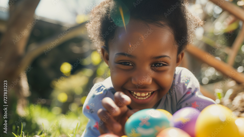 Happy young black child with easter eggs in garden. Kid hunting for ...