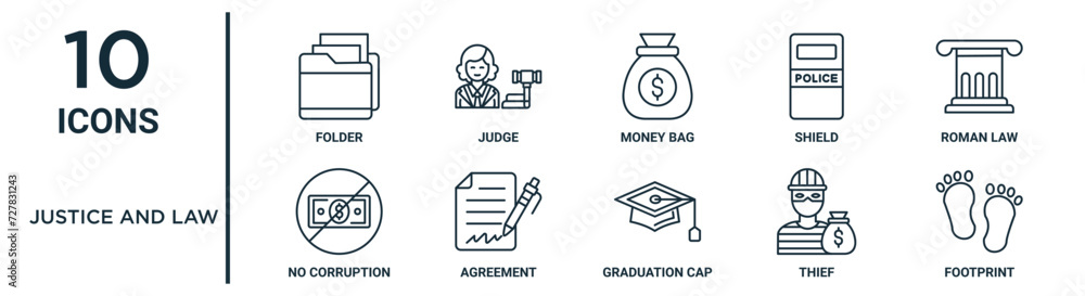 justice and law outline icon set such as thin line folder, money bag, roman law, agreement ...