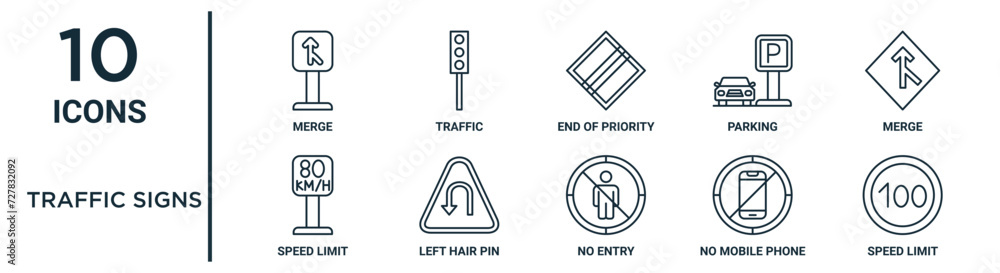 traffic signs outline icon set such as thin line merge, end of priority ...