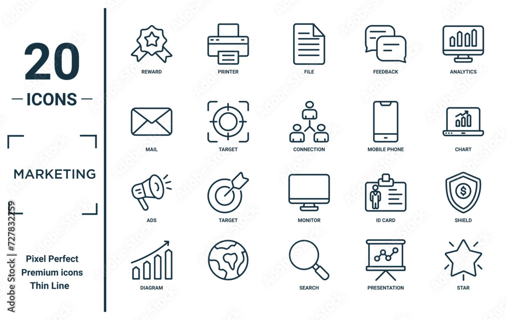 marketing linear icon set. includes thin line reward, mail, ads ...