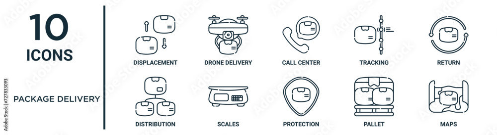 package delivery outline icon set such as thin line displacement, call ...