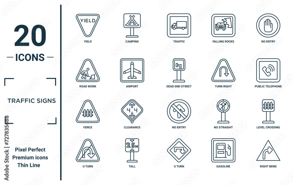 traffic signs linear icon set. includes thin line yield, road work ...