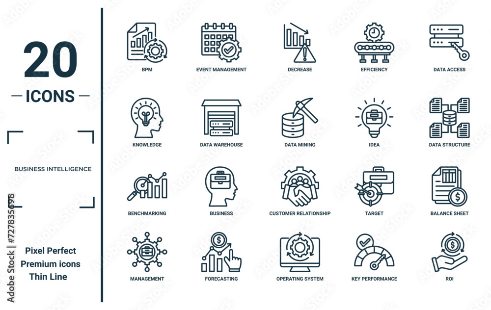 Vetor de business intelligence linear icon set. includes thin line bpm ...
