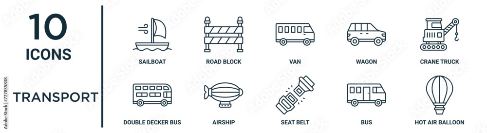 transport outline icon set such as thin line sailboat, van, crane truck ...