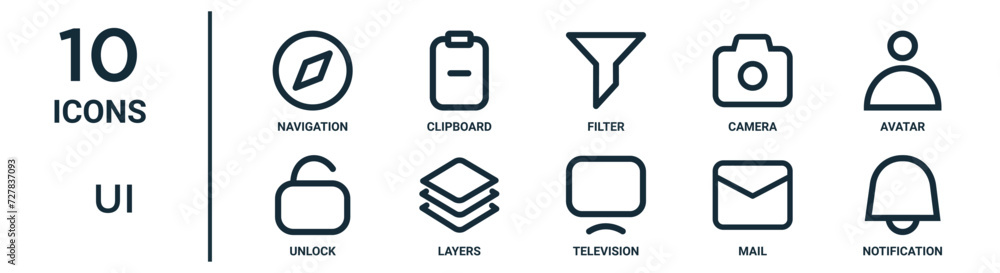 ui outline icon set such as thin line navigation, filter, avatar, layers, mail, notification ...
