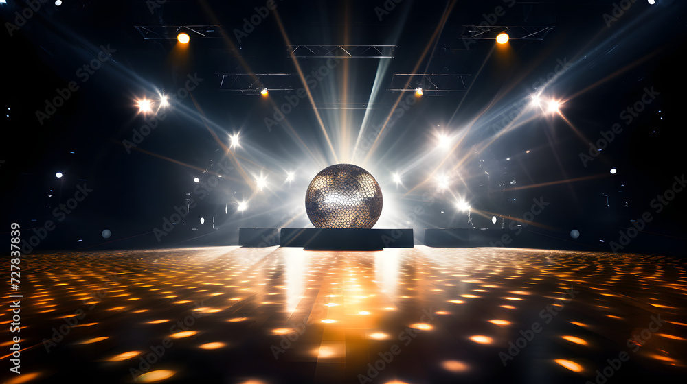 Music stage. Dance floor. Disco ball show performance begin with ...