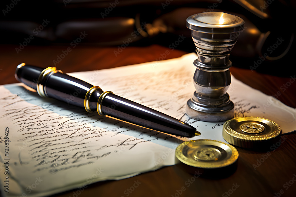 Notary's public pen and stamp on testament and last will. Notary public ...