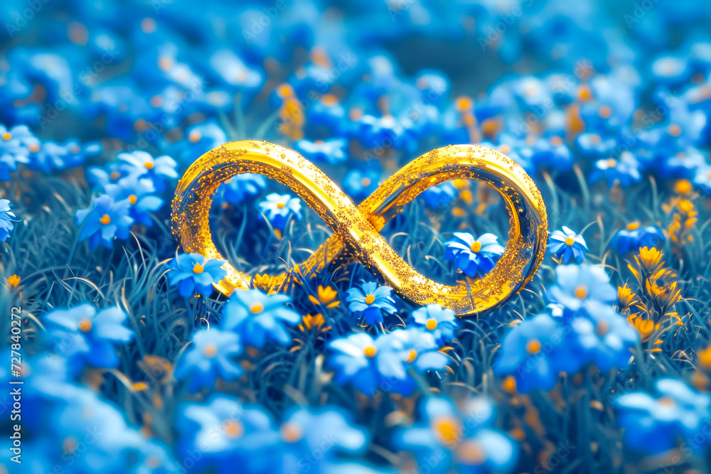 Golden infinity symbol sign with blue wild flowers on spring meadow ...