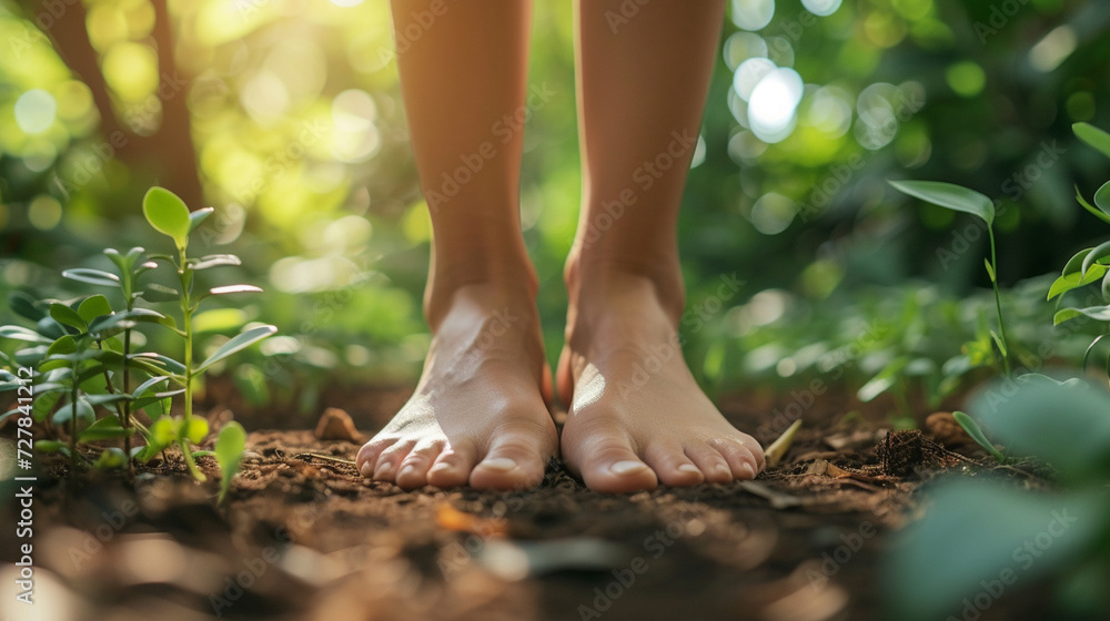 A close-up of a person's feet in a grounding yoga pose, emphasizing ...