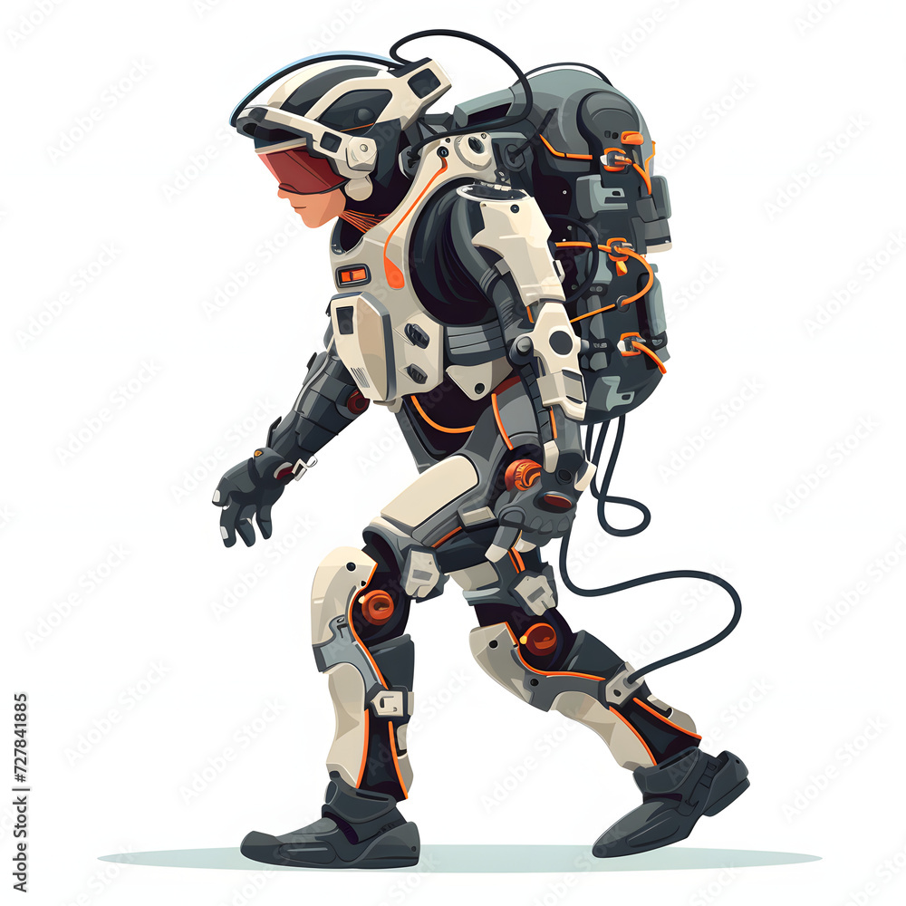 A person wearing an exoskeleton suit for enhanced strength isolated on ...