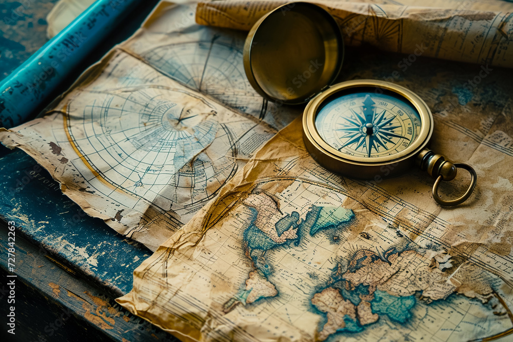 vintage-inspired wallpaper with old maps and compasses Stock ...