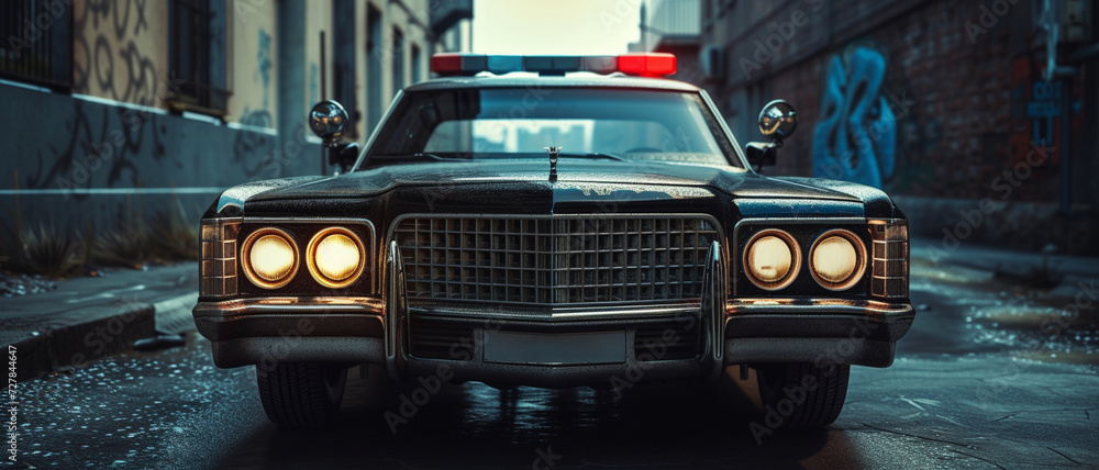 The iconic headlights of a classic police car shine in a dimly lit ...